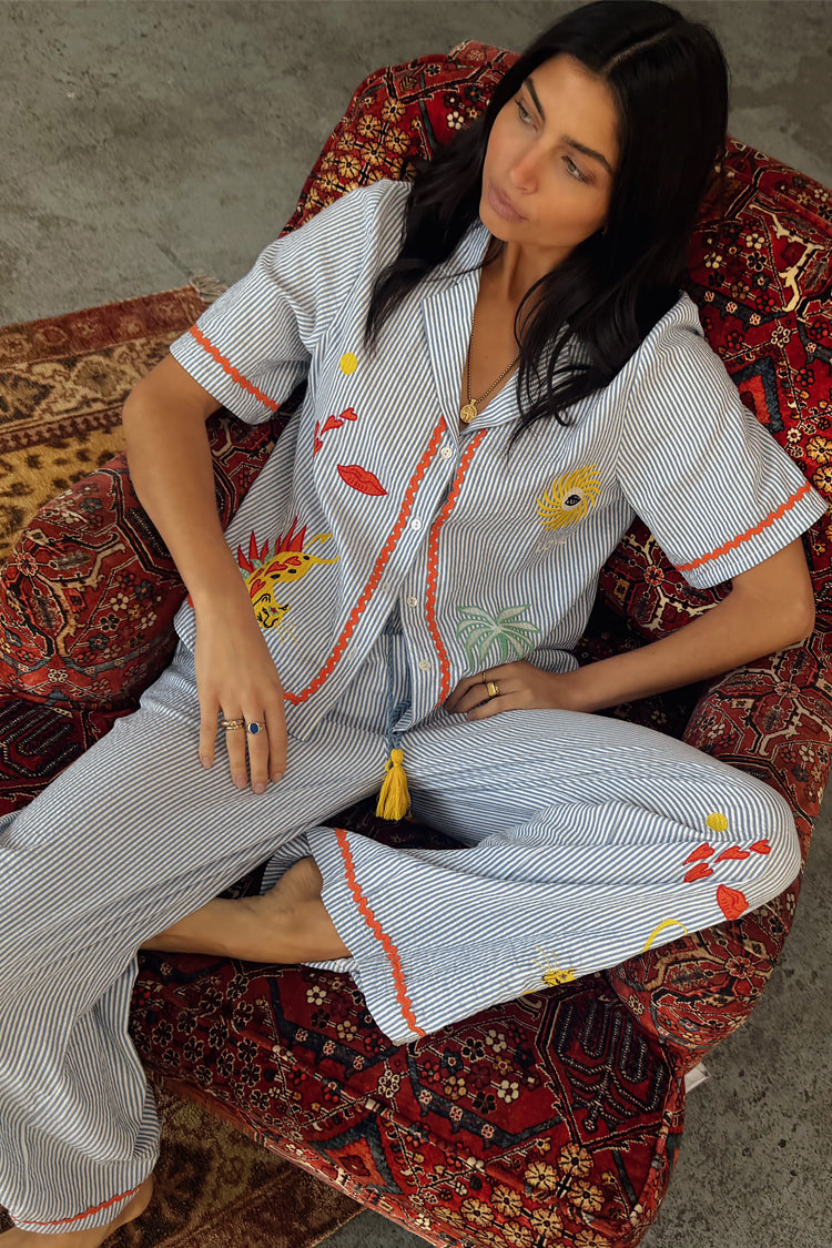 Blue Stripe Embroidered Pyjamas – Never Fully Dressed