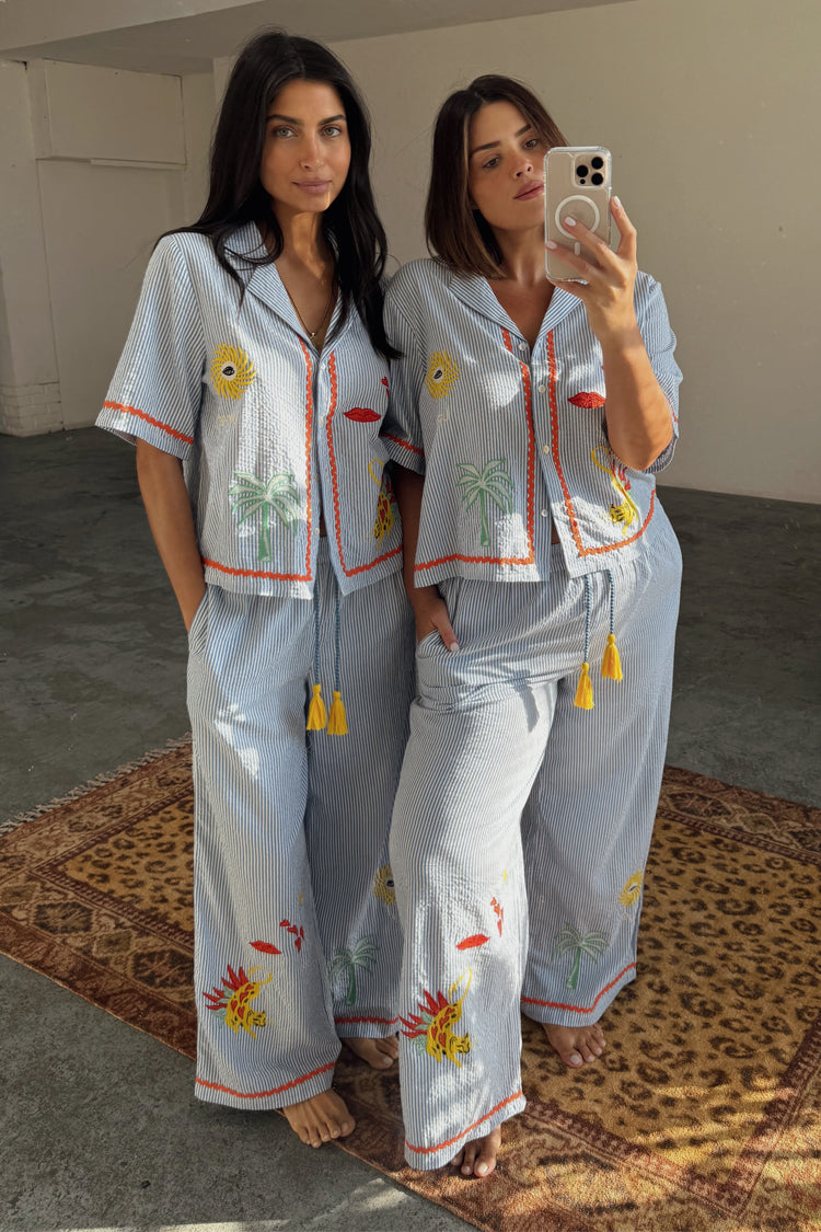 Blue Stripe Embroidered Pyjamas – Never Fully Dressed